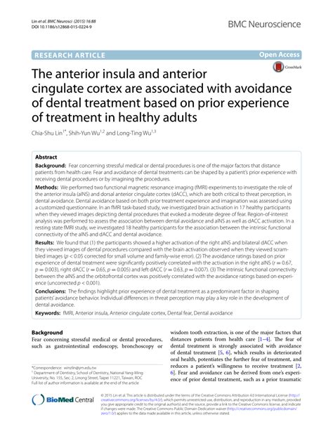 Pdf The Anterior Insula And Anterior Cingulate Cortex Are Associated With Avoidance Of Dental