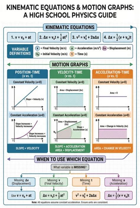 Kinematic Equations And Motion Graphs Poster High School Physics Guide