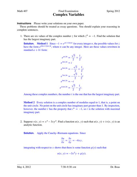 Complex Variables Final Exam Spring 2012