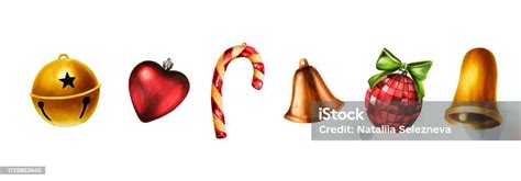 수채화 크리스마스 반짝이는 공 장난감 및 골든 벨 삽화 새해 손으로 그린 기호는 흰색 배경에 분리되어 있습니다 디자이너 장식 상점 엽서 포장지 표지 포스터 및 직물용 0명에