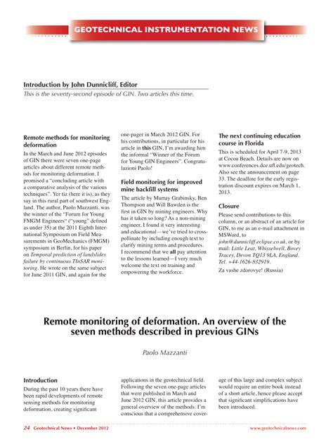 Pdf Remote Monitoring Of Deformation An Overview Of The Seven Methods Described In Previous Gins