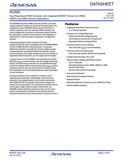 Pdf Datasheet Intersil · Two Phase Buck Pwm Controller With