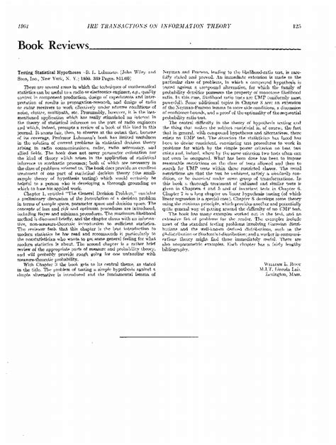 Review Of Testing Statistical Hypotheses Lehmann E L 1959 Ieee Journals And Magazine
