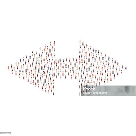 사람들의 큰 그룹 다른 실루엣은 흰색 배경에 고립 된 화살표 방향 모양으로 함께 붐비고 있습니다 벡터 일러스트 레이 션 개성 개념에 대한 스톡 벡터 아트 및 기타 이미지