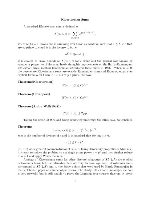 PDF Notes On Kloosterman Sums