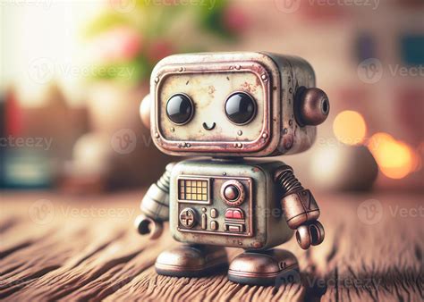 Nostalgic Mini Robot With Rustic Stained Appearance On A Table Under