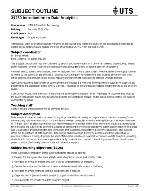 31250 Intro To Data Analytics Subject Outline 31250 Introduction To