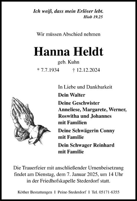 Traueranzeigen Von Hanna Heldt Trauer Anzeigende