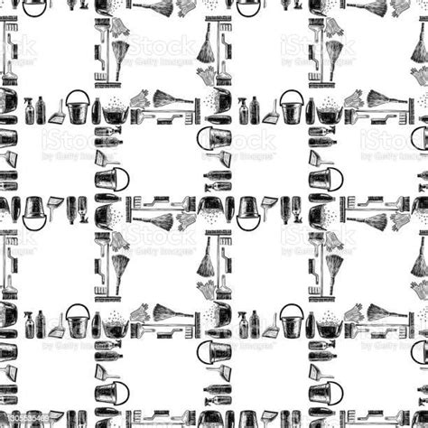 청소를위한 다양한 도구와 세제의 스케치의 원활한 패턴 개체 그룹에 대한 스톡 벡터 아트 및 기타 이미지 개체 그룹 고무 장갑 그래픽 프린트 Istock