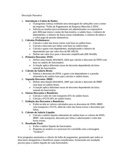 Descrição Narrativa Algoritimo E Programação Pdf Salário Hora Extra
