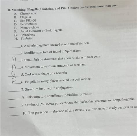 Solved B ﻿matching Flagella Fimbriae And Pili Choices
