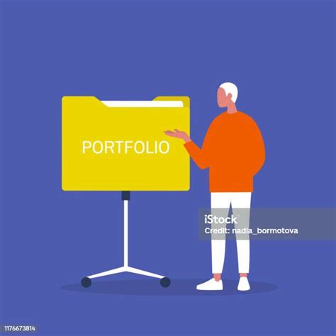 포트폴리오 검토 직장에서 자신의 경험을 제시 젊은 남성 캐릭터 Hr 밀레니얼 라이프 스타일 플랫 편집 가능한 벡터 일러스트레이션 클립 아트 이력서에 대한 스톡 벡터 아트 및