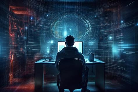 Premium AI Image A Male Individual Seated Before A Computer Monitor Generated Ai