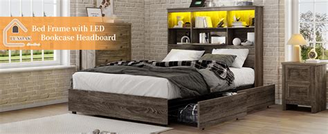 Luxoak Queen Size Bed Frame With Led Bookcase Headboard