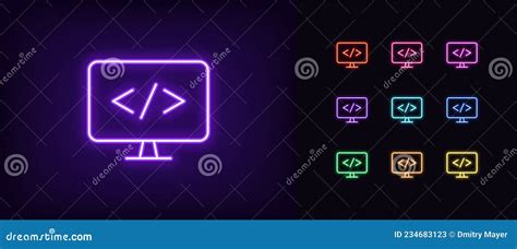 Programming Icon In Outline Neon Glowing Neon Computer With Code Sign Web Development