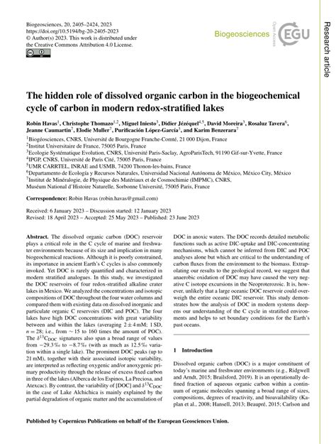 Pdf The Hidden Role Of Dissolved Organic Carbon In The Biogeochemical Cycle Of Carbon In