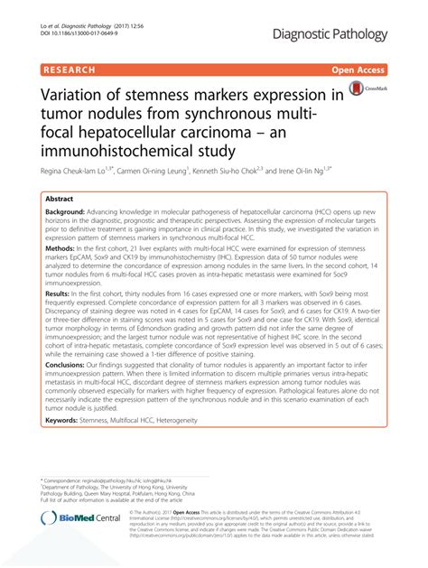Pdf Variation Of Stemness Markers Expression In Tumor Nodules From Synchronous Multi Focal