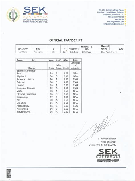 8th Grade Transcript Pdf