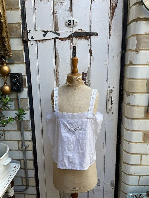 Antique White Cotton Camisole Top With Lace Top And Cut Out Detail Size