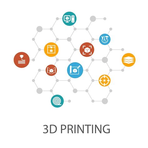3d 인쇄 프리젠 테이션 템플릿 표지 레이아웃 및 Infographics 3d 프린터 필라멘트 프로토 타이핑 모델 준비 아이콘