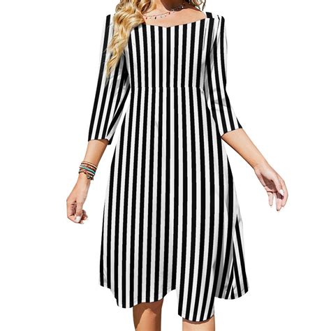 Black And White Striped Casual Dress Woman Abstract Lines Aesthetic