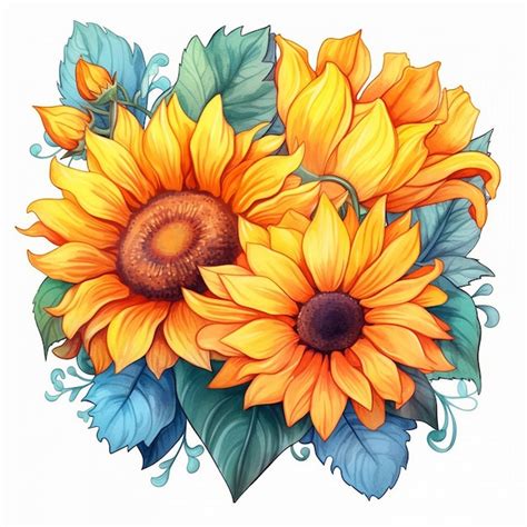 Premium Ai Image A Drawing Of A Bouquet Of Sunflowers With Leaves And