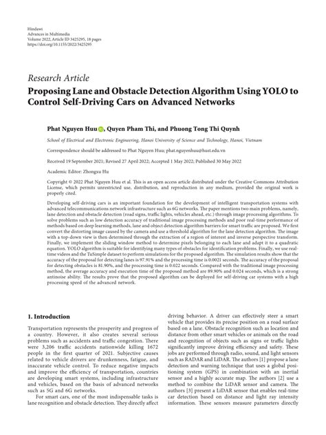 PDF Proposing Lane And Obstacle Detection Algorithm Using YOLO To Control Self Driving Cars On