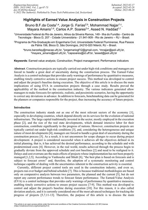 PDF Highlights Of Earned Value Analysis In Construction Projects