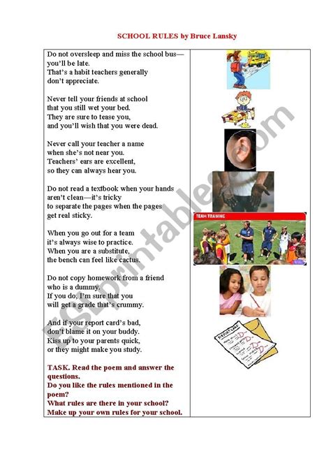 School Rules An Illustrated Poem Esl Worksheet By Korova Daisy