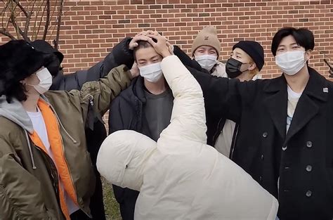 Watch Bts Send Jin Off To Military Camp And Rub His Newly Buzzed Hair In