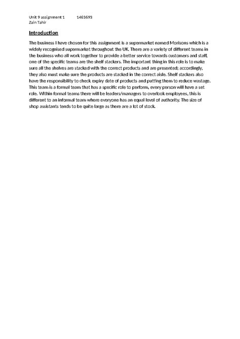 Unit 9 Assignment 1 Y6rtoc Unit 9 Assignment 1 1463693 Zain Tahir Introduction The Business