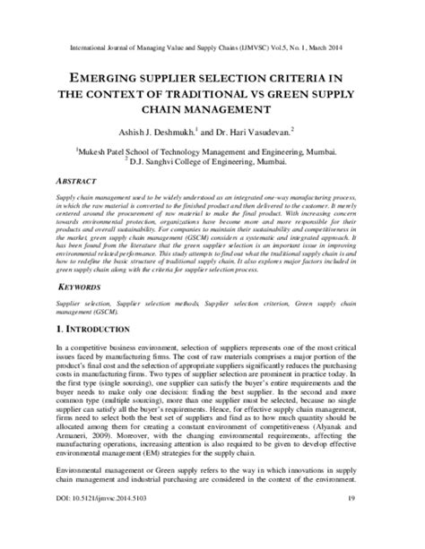 Pdf Emerging Supplier Selection Criteria In The Context Of Traditional Vs Green Supply Chain