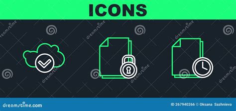 set line document with clock cloud check mark and and icon vector