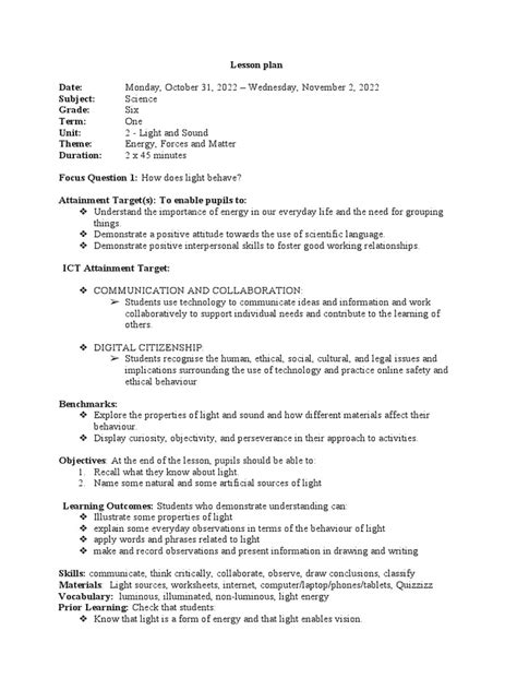 Copy Of Science Lesson Plan Luminous And Non Luminous Objects Pdf