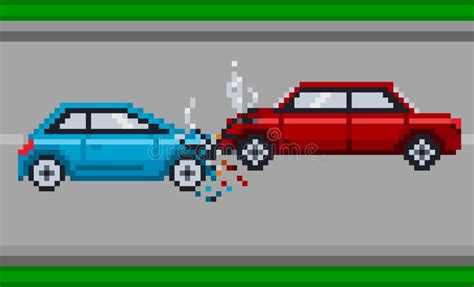 Damaged Cars After Collision On The Road Pixel Art Illustration Stock Illustration