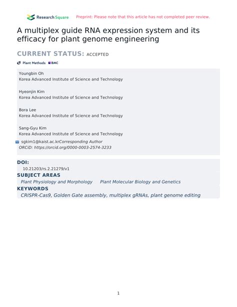 Pdf A Multiplex Guide Rna Expression System And Its Efficacy For Plant Genome Engineering