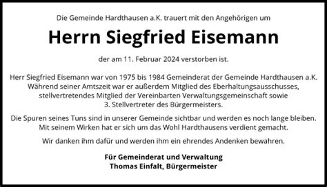 Traueranzeigen Von Siegfried Eisemann Trauerundgedenkende