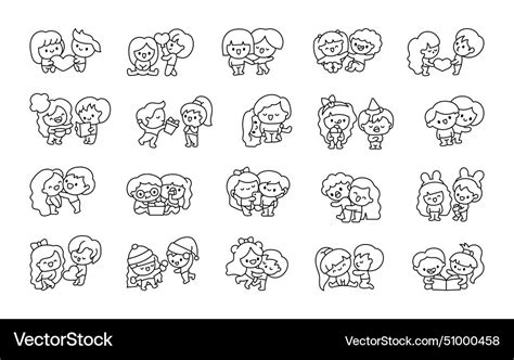 Couple Of Chibi Characters In Love Coloring Page Vector Image