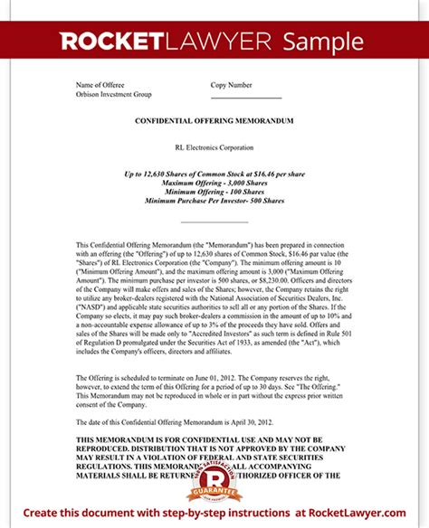 Offering Memorandum Private Offering Memorandum Form With Sample