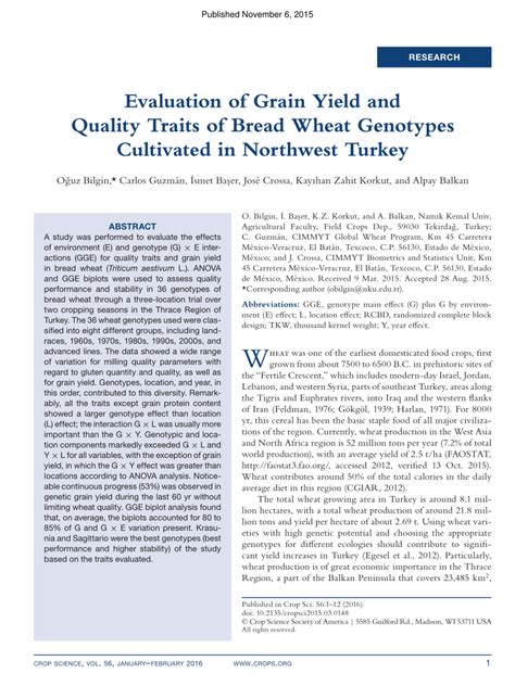 Pdf Evaluation Of Grain Yield And Quality Traits Of Bread Wheat Genotypes Cultivated In