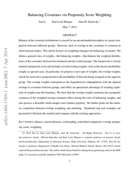 Pdf Balancing Covariates Via Propensity Score Weighting