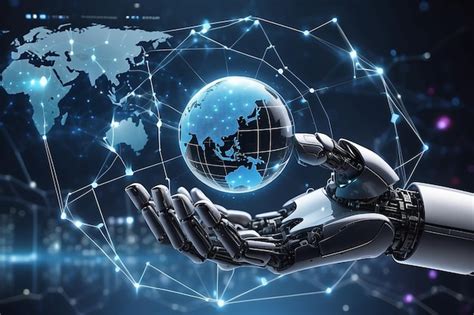 premium ai image ai robot hand holding crystal digital world global