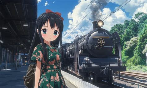 Anime Girl At Train Station With Steam Locomotive Girl In Floral Dress
