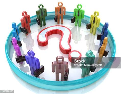 물음표 주위에 다채로운 3d 사람들 문제와 관련된 정보의 디자인에 솔루션 문제 3d 일러스트레이션 개념에 대한 스톡 사진 및