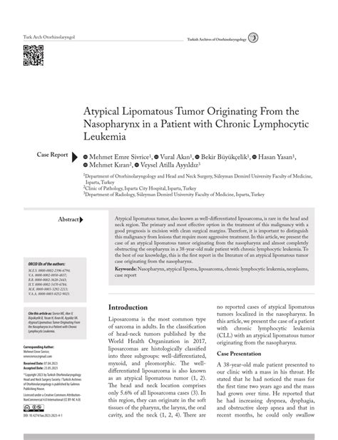 Pdf Atypical Lipomatous Tumor Originating From The Nasopharynx In A Patient With Chronic