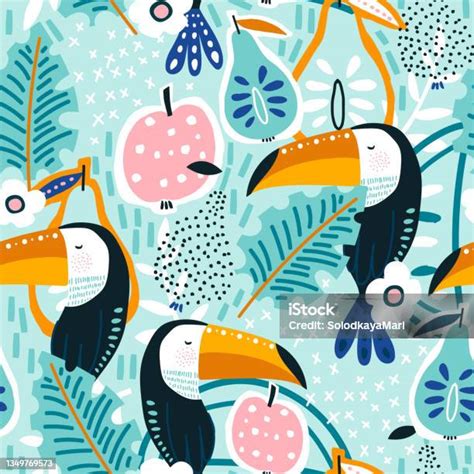 정글 새 꽃 과일 잎과 원활한 여름 패턴 열대 투칸 질감 벡터 일러스트레이션 0명에 대한 스톡 벡터 아트 및 기타 이미지 0명 과일 꽃 식물 Istock