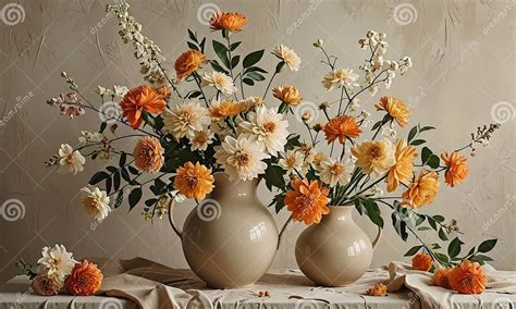 Two Beige Vases Filled With Vibrant Bouquet Orange And White Flowers