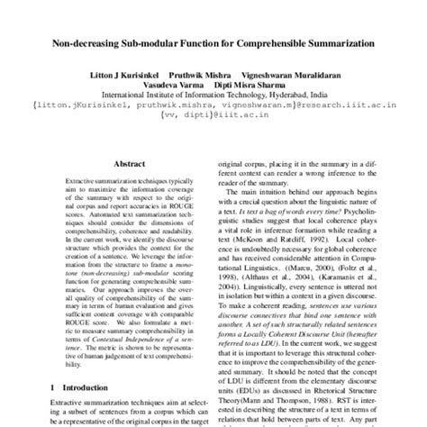 Non Decreasing Sub Modular Function For Comprehensible Summarization
