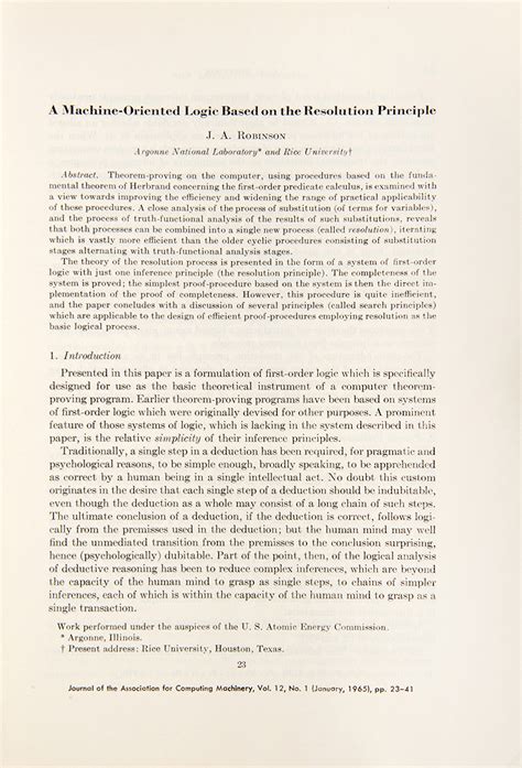 A Machine Oriented Logic Based On The Resolution Principle In Journal Of The Association For