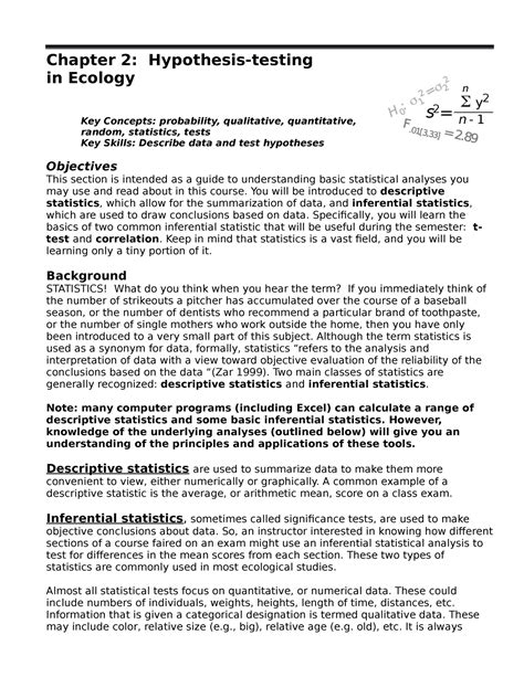 1 Statistics Chapter Chapter 2 Hypothesis Testing In Ecology Key